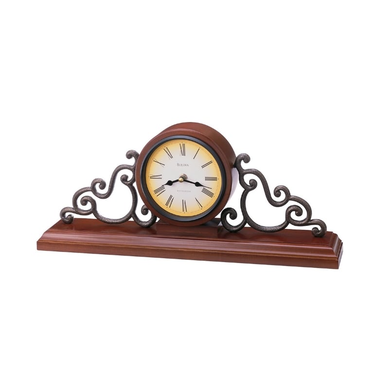 Strathburn Mantel Clock by Bulova – Walnut Finish – Metal Scroll ...